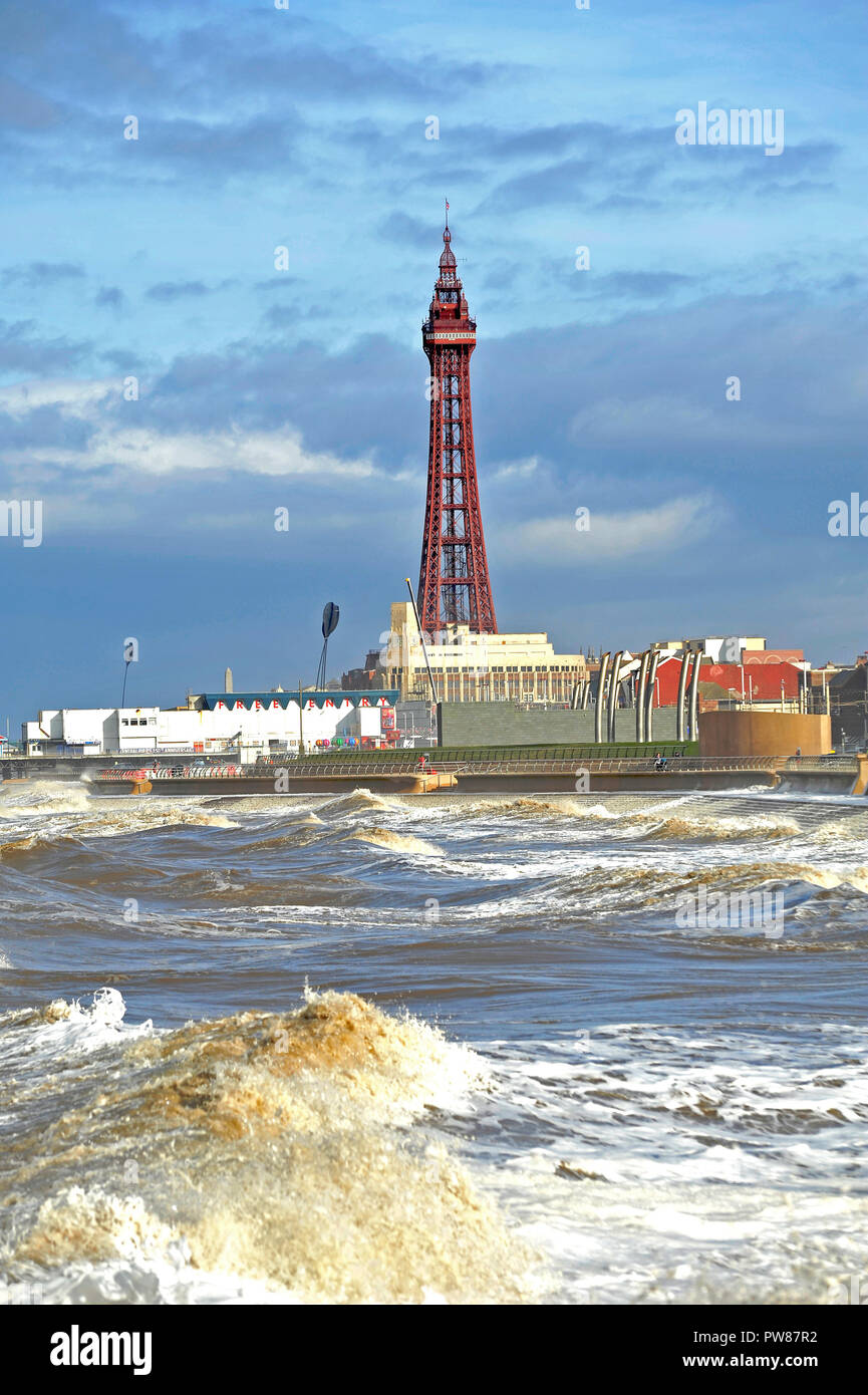 Large waves breaking on Blackpool seafront on a warm sunny October day ...