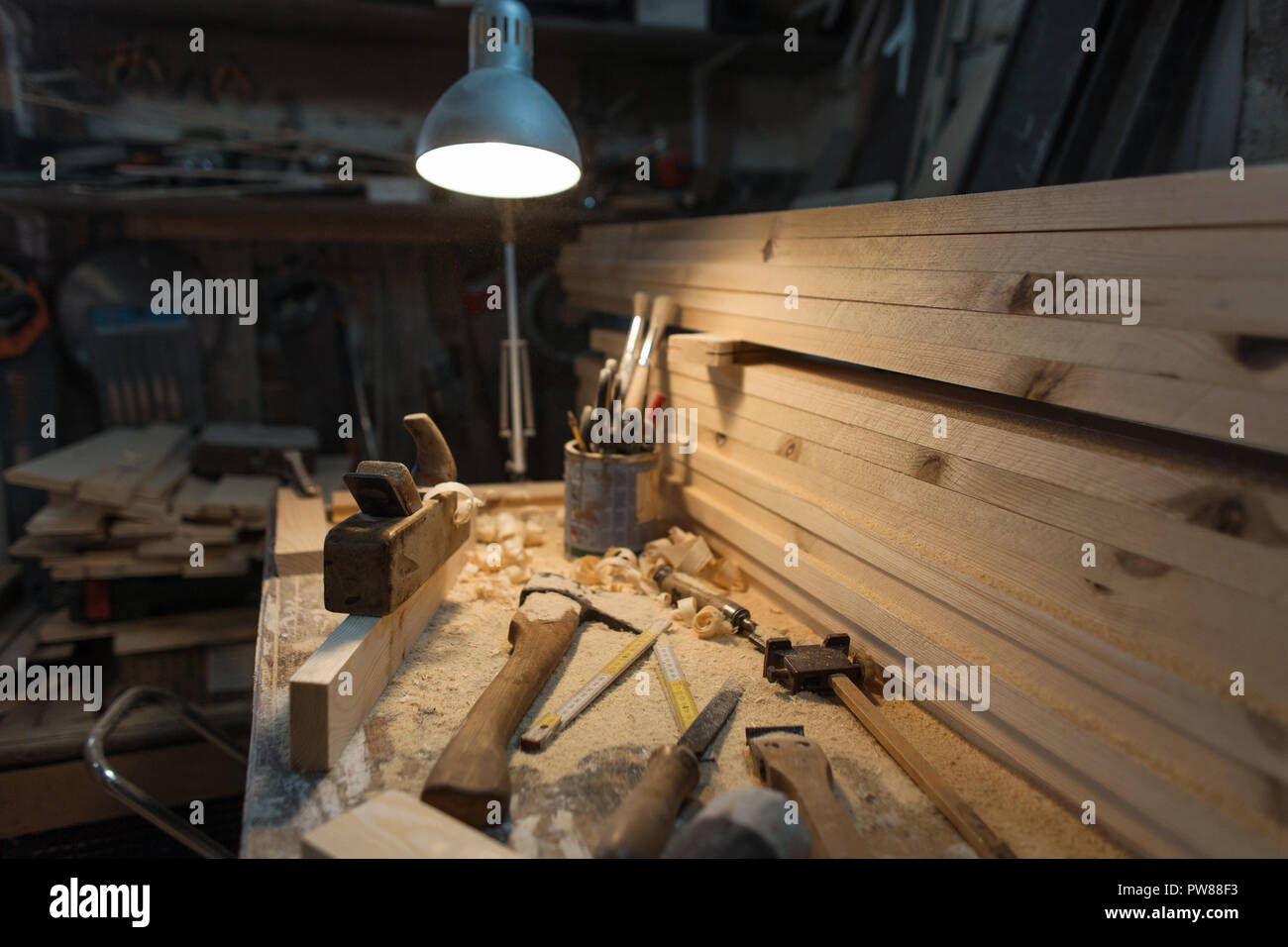 Interior of the wood workshop. Carpenter's work table with tool Stock ...
