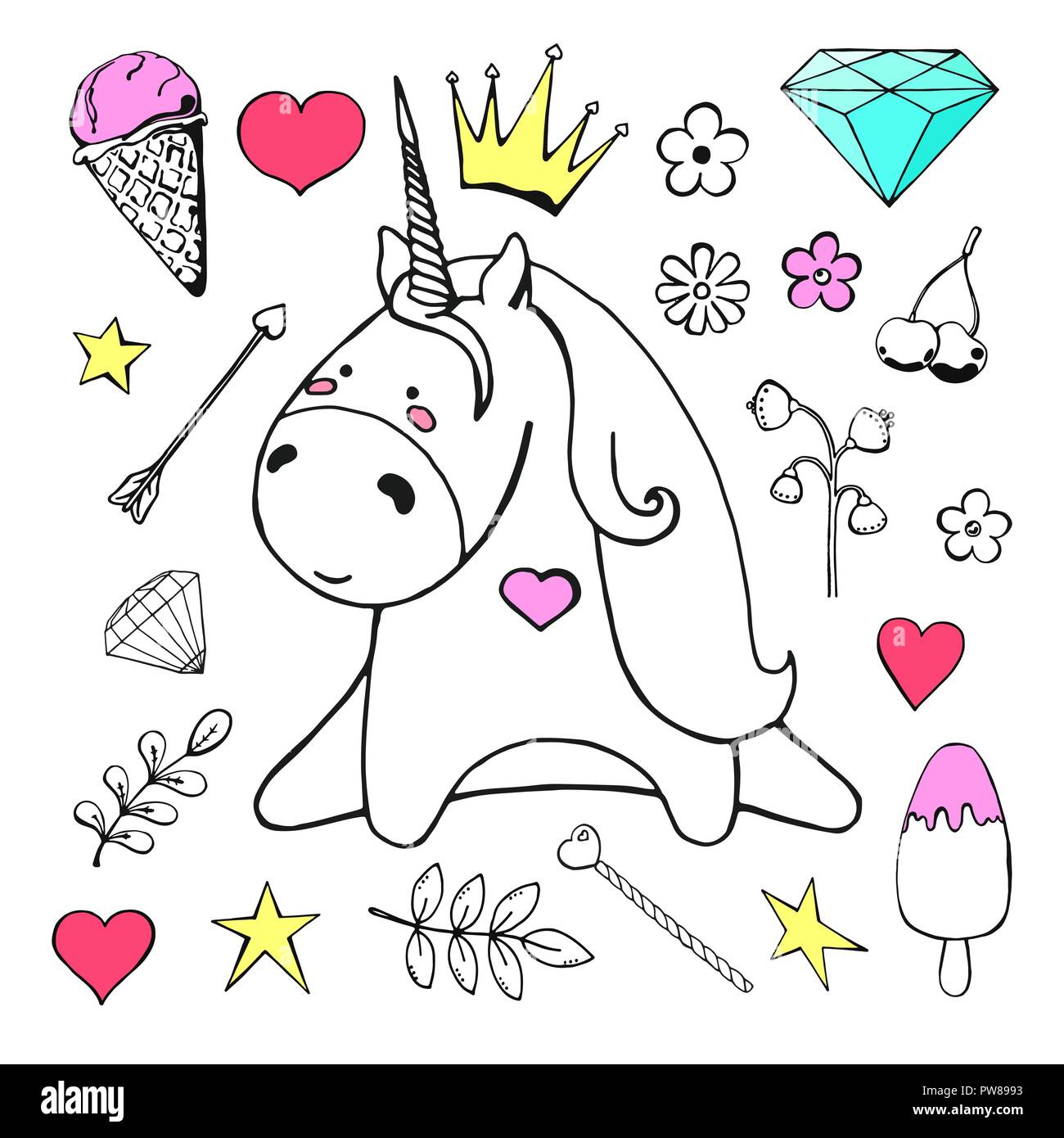 Sketch unicorn with various cute objects isolated on white background ...