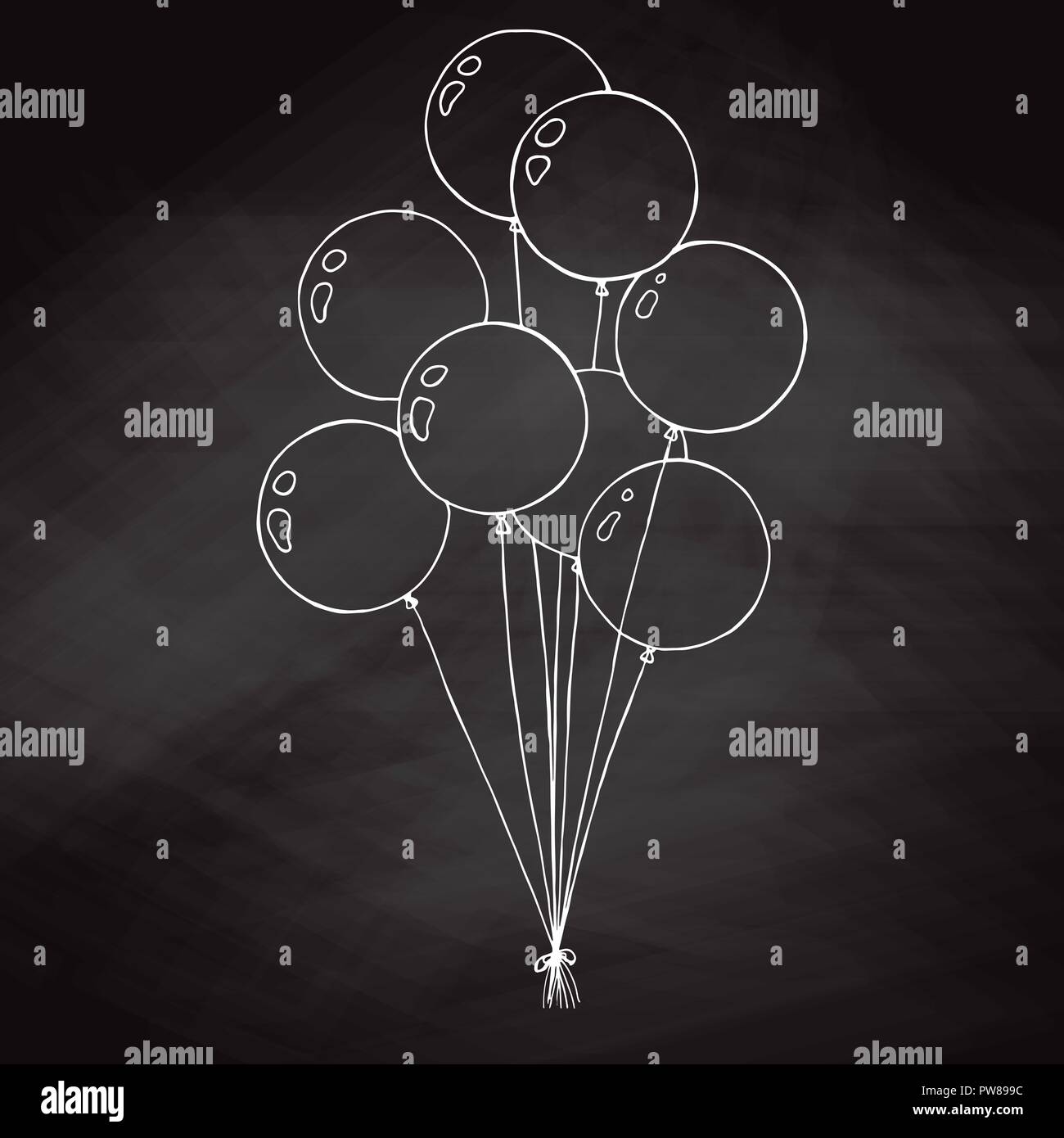 Group of balloons on a string. Hand drawn chalk on the board. Vector ...