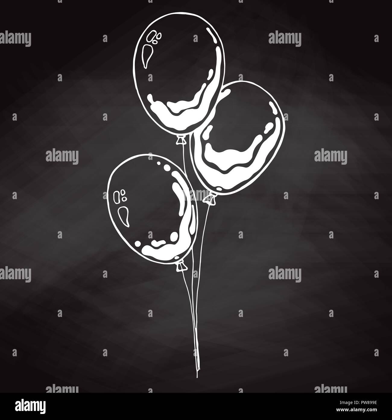 Group of balloons on a string. Hand drawn chalk on the board. Vector ...