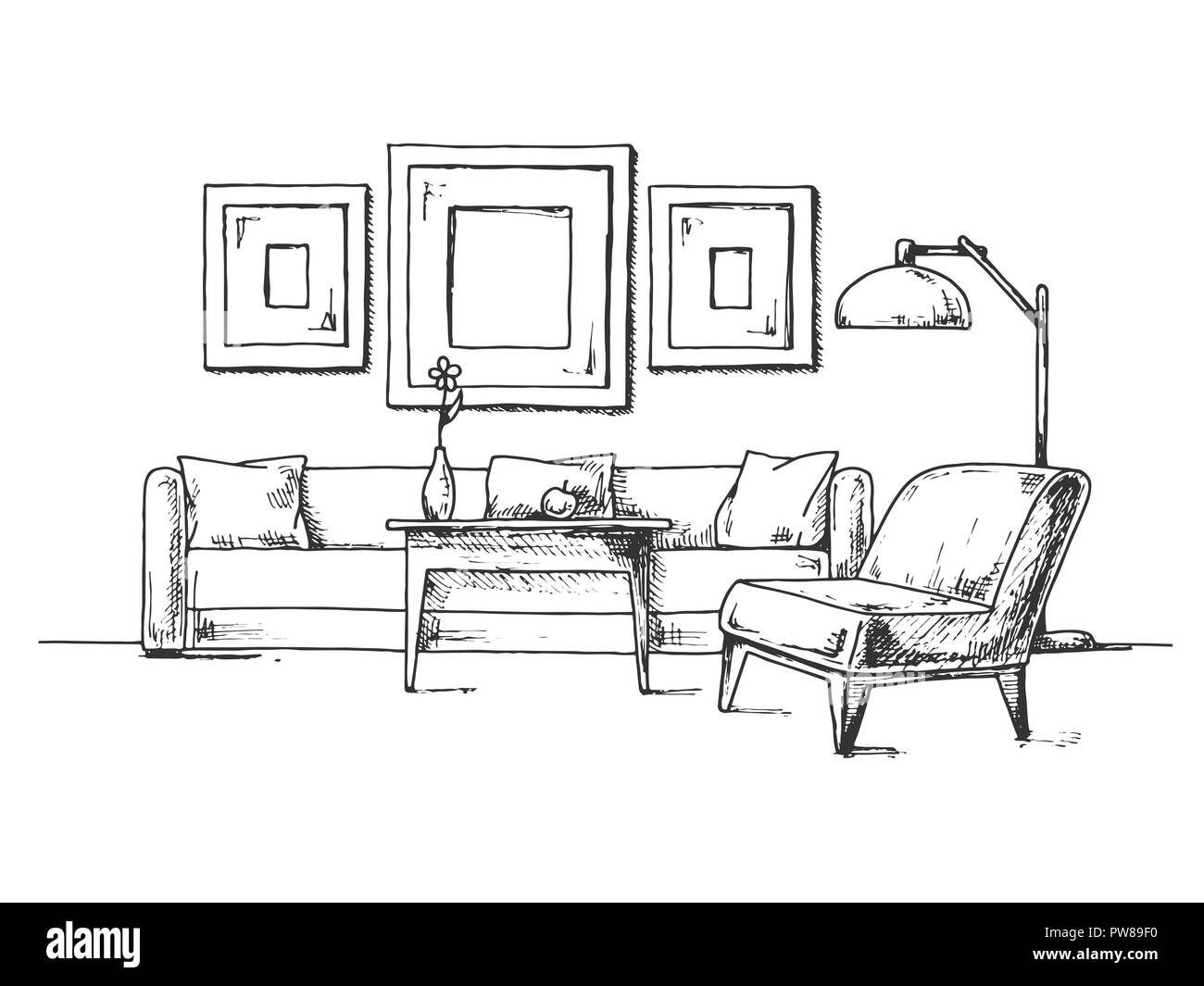 Sketch of the interior. Sofa, armchair, coffee table and other interior ...