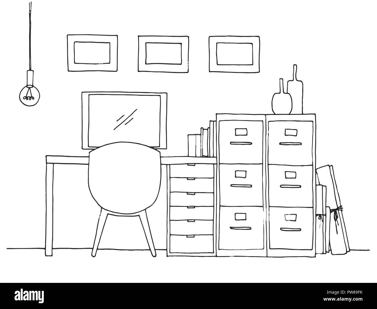 Workplace with a computer. Sketch of the interior. Vector illustration ...