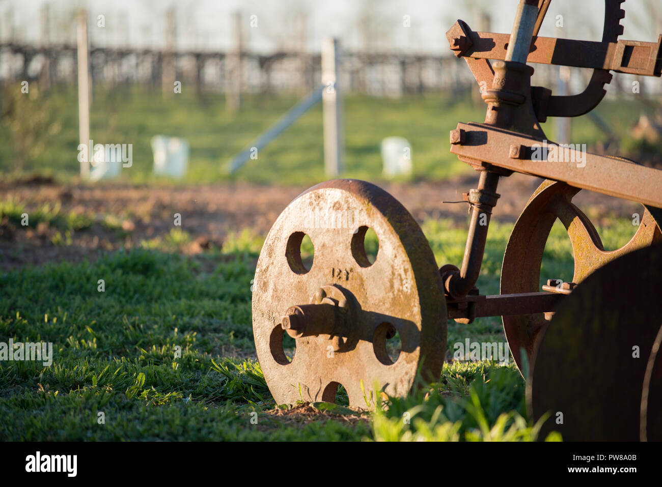 Old and rusted farm machinery sitting in a paddock at the Rowlee Winery ...