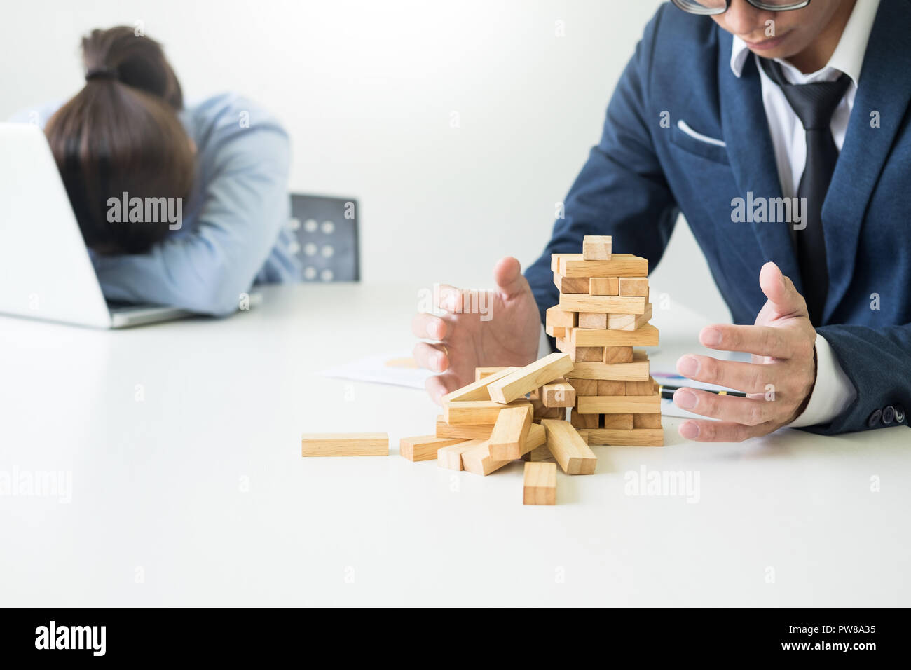 Depressed failure and tired businessman late sad and solving problem in ...