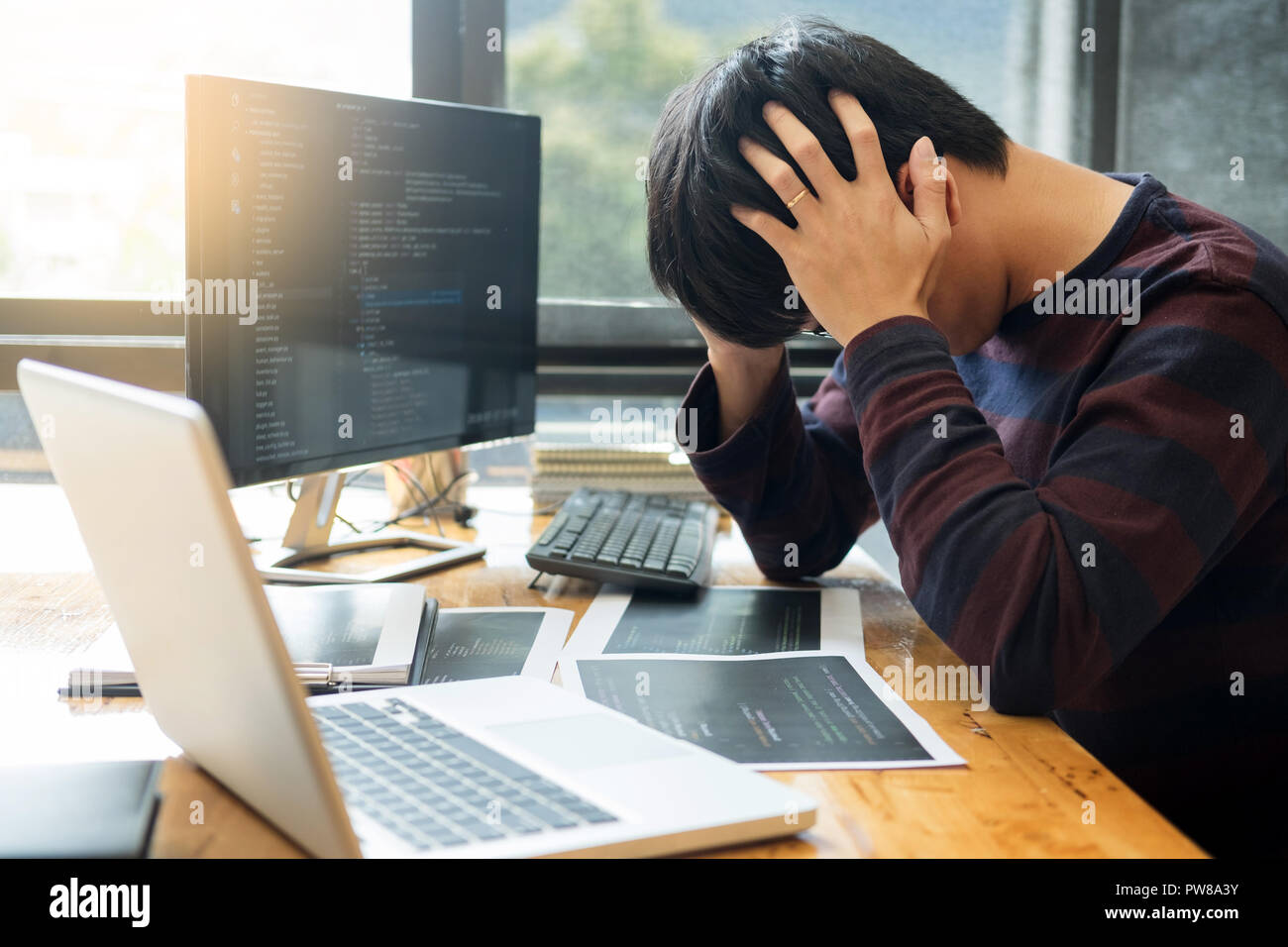 Young modern stressed programmer businessman a brake from working with laptop computer, Problem ...