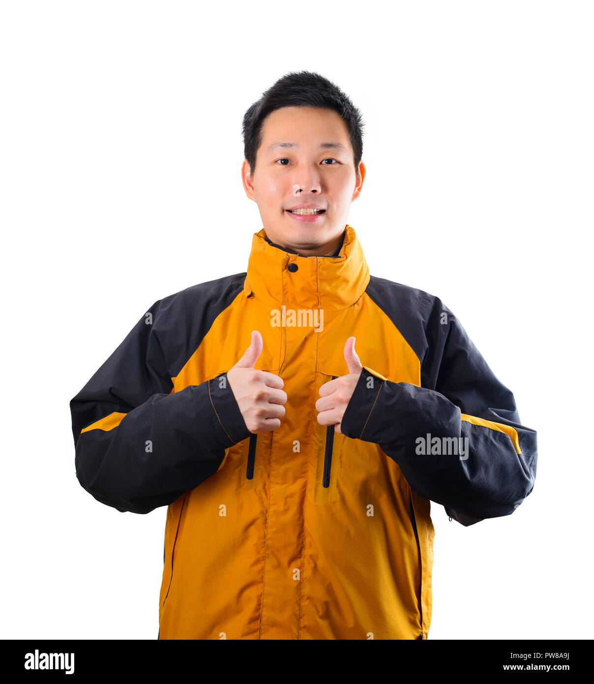 Handsome asian man dressed with winter clothing on white background ...