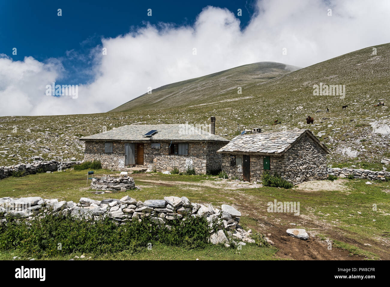 View of the Christakis refuge hut on Mount Olympus, the highest ...