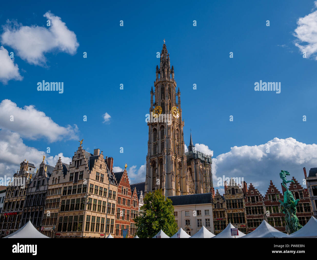 Antwerp, Belgium - August 25, 2018 : Market square and Cathedral of Our ...