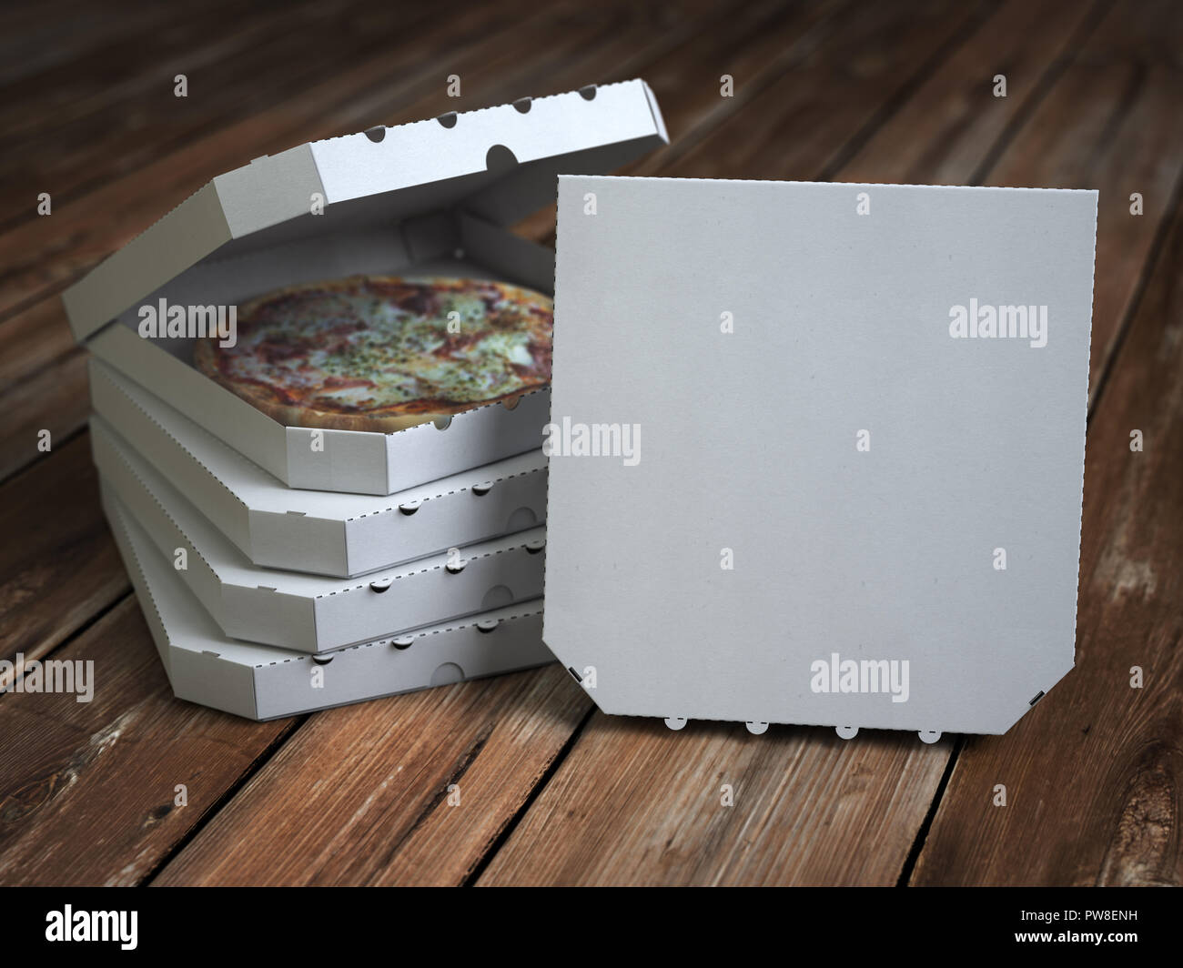 Pizza boxes on wooden table hi-res stock photography and images - Alamy