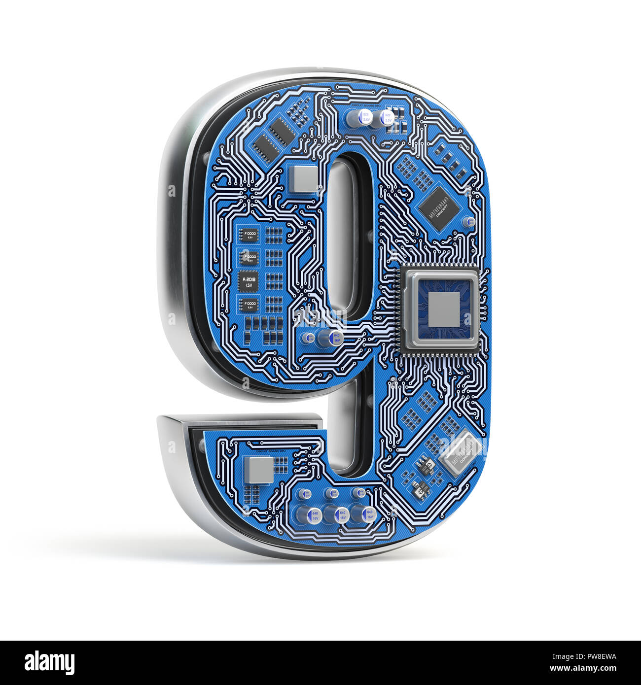 Number 9 nine. Alphabet in circuit board style. Digital hi-tech letter ...