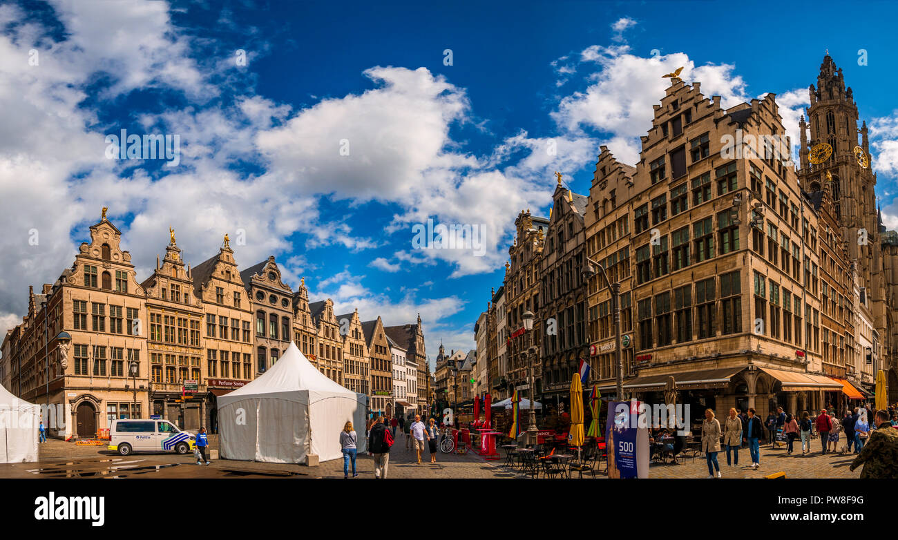 Antwerp, Belgium - August 25, 2018 : Market square and Cathedral of Our ...