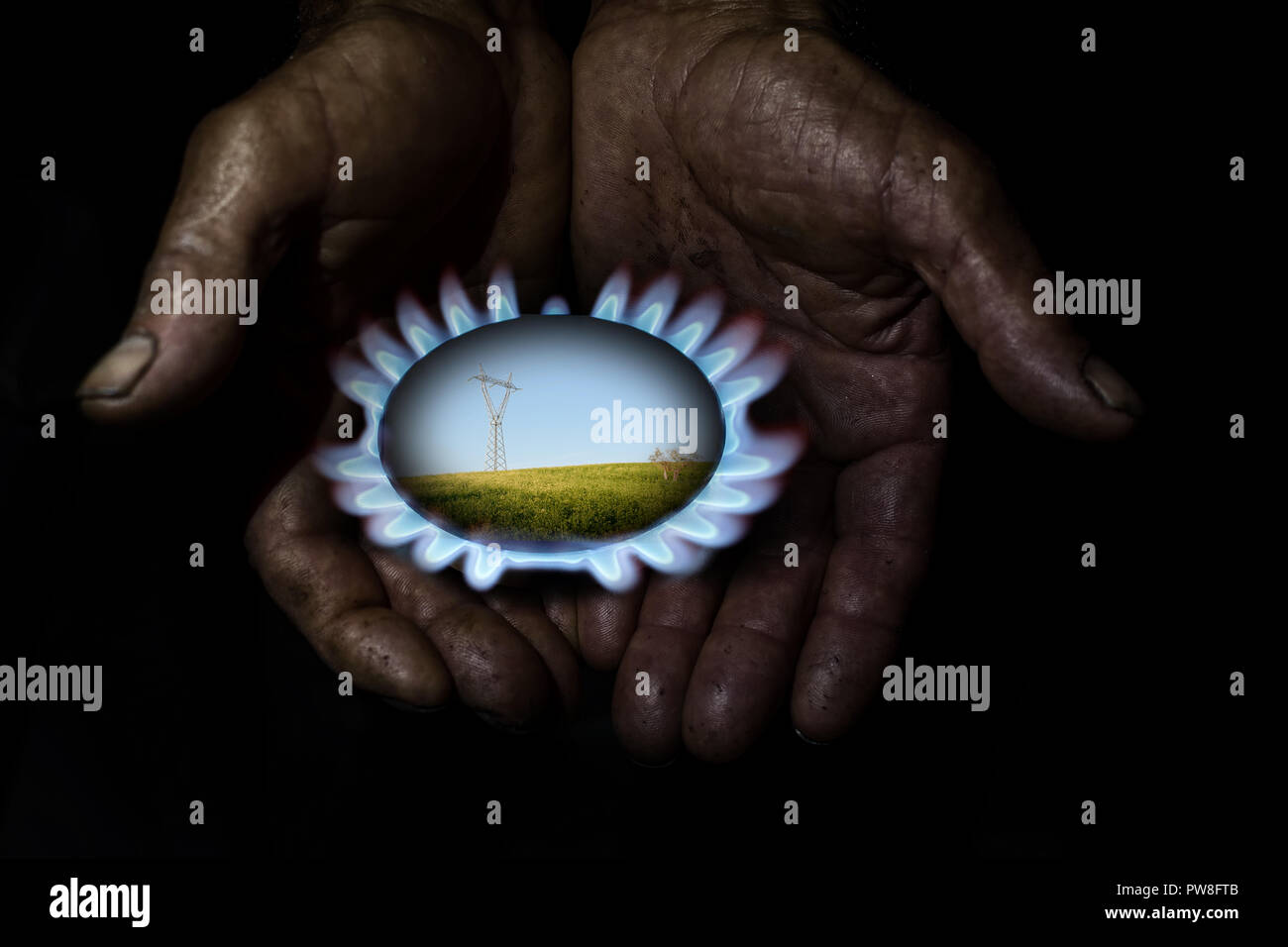 Two old hands show two examples of energies: electric and methane gas ...