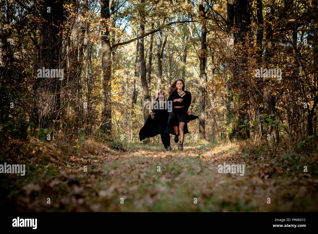 Halloween demon and witch run through the woods Stock Photo - Alamy