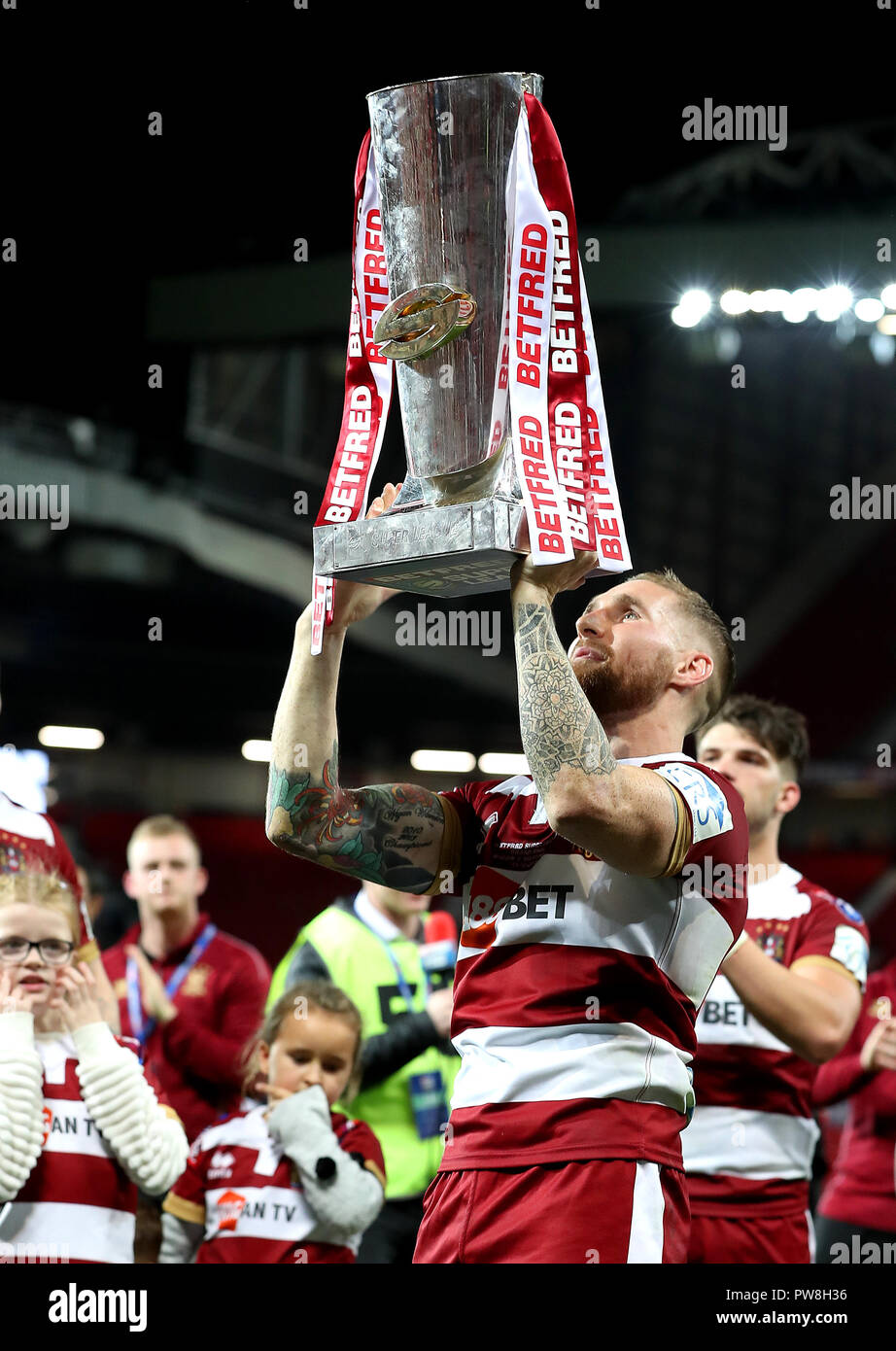 Wigan Warriors' Sam Tomkins celebrates with the trophy after the ...