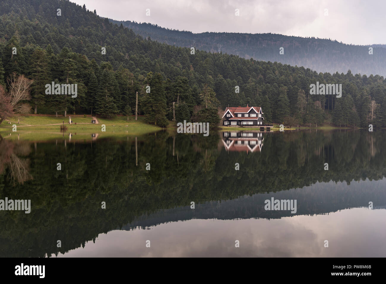 Bolu, Turkey - February 24, 2018: Lake house in Bolu Abant lake with a ...