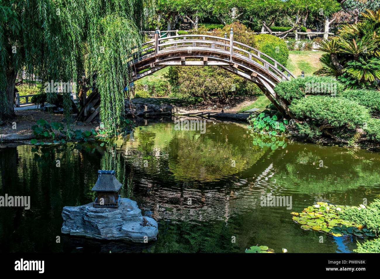 Wooden bridge over pond in Japanese garden Stock Photo - Alamy