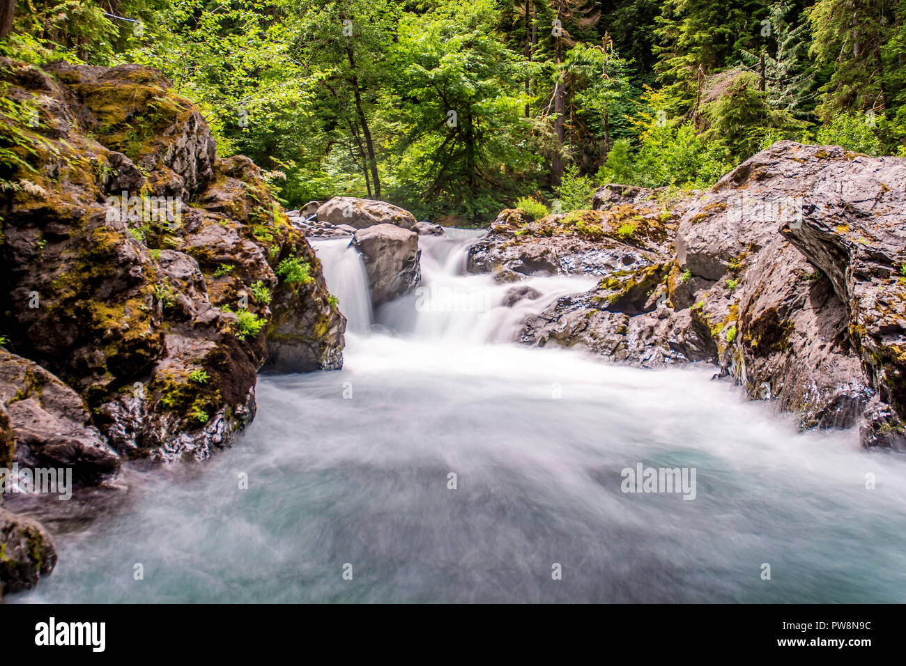 Sol Duc River flowing over boulders in Olympic National Park ...