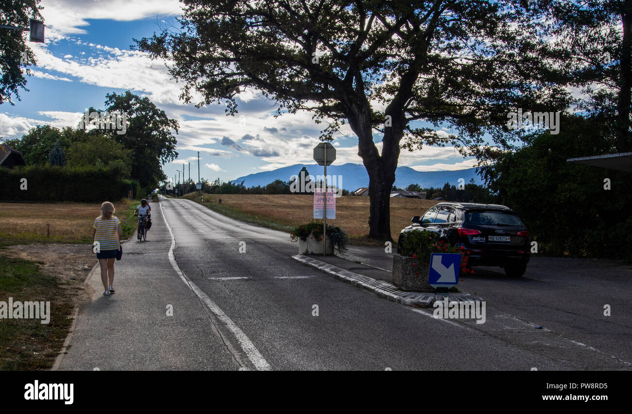 Border point between France and Switzerland on the road between the ...