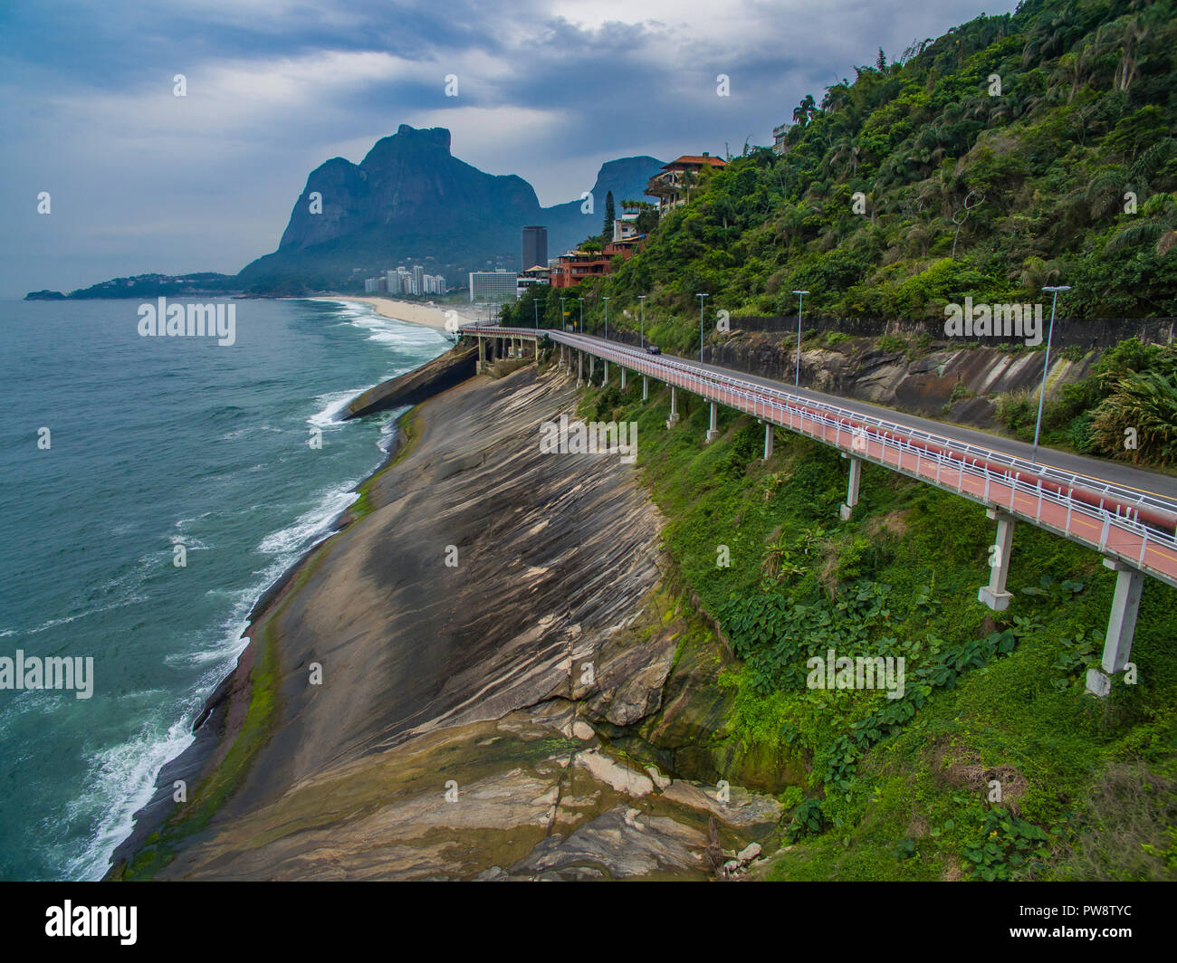 Tim Maia bike path on Niemeyer Avenue, Rio de Janeiro, Brazil, South America. Highway by the sea ...