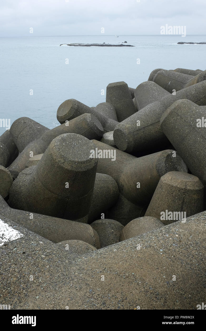 Concrete blocks in the sea to protect the coast of Enoshima in Kanagawa ...