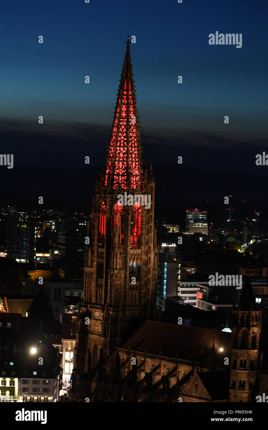 13 October 2018, Baden-Wuerttemberg, Freiburg: The tower of the ...