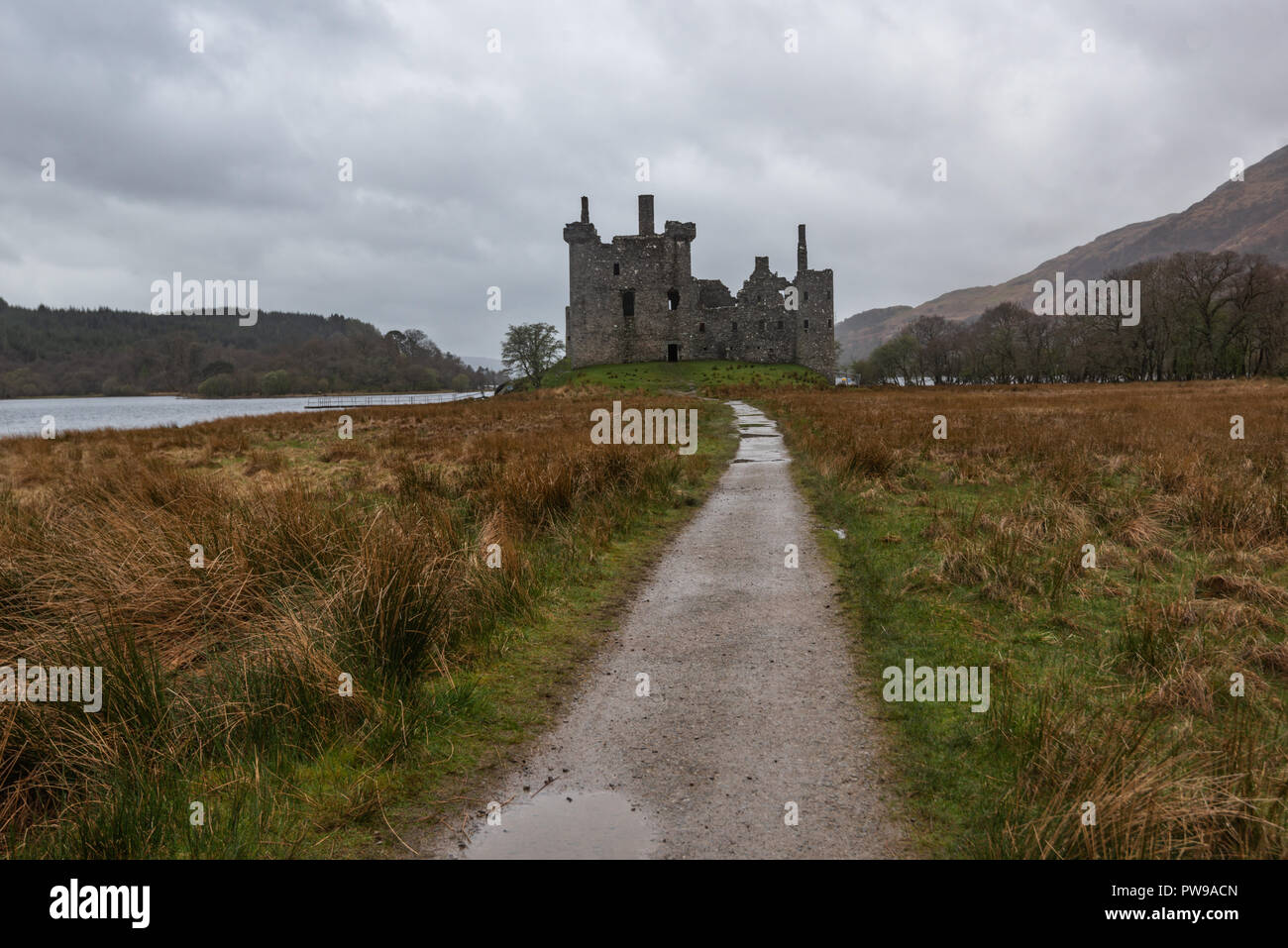 The footpath towards Kilchurn Castle ruin along Loch Awe, Argyll and ...