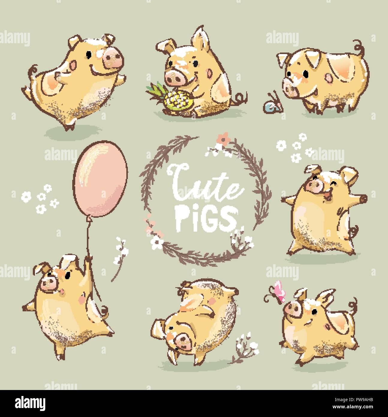 Set of Cute Tiny Yellow Pig in different poses. Dancing piggy, pig with ...