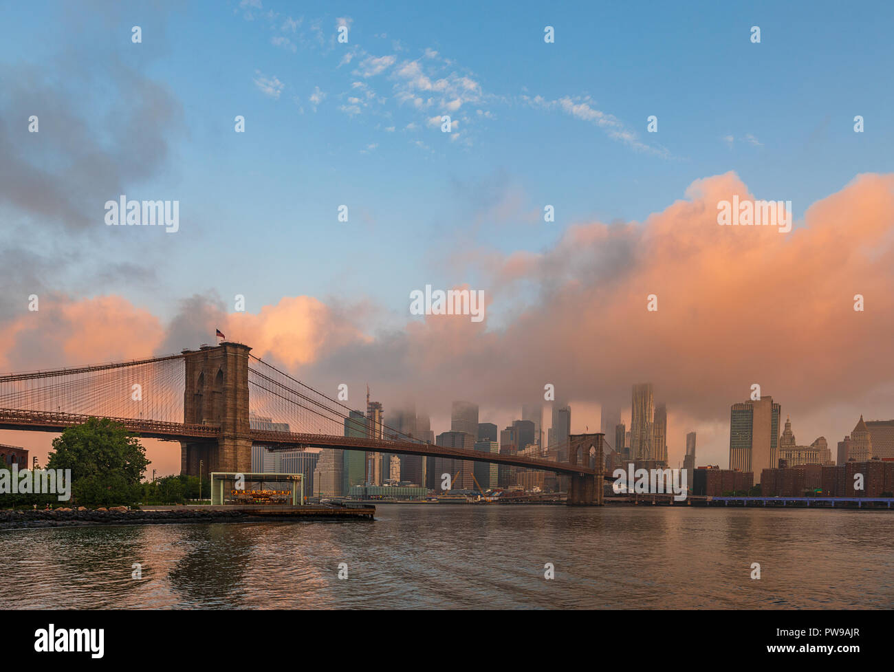 View to Manhattan Skyline from Brooklyn Bridge Park Dumbo at sunrise ...