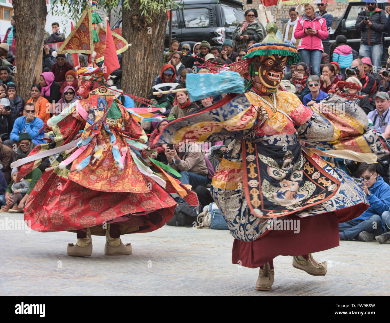 Masked monks performing at a traditional cham dance, Leh, Ladakh, India ...