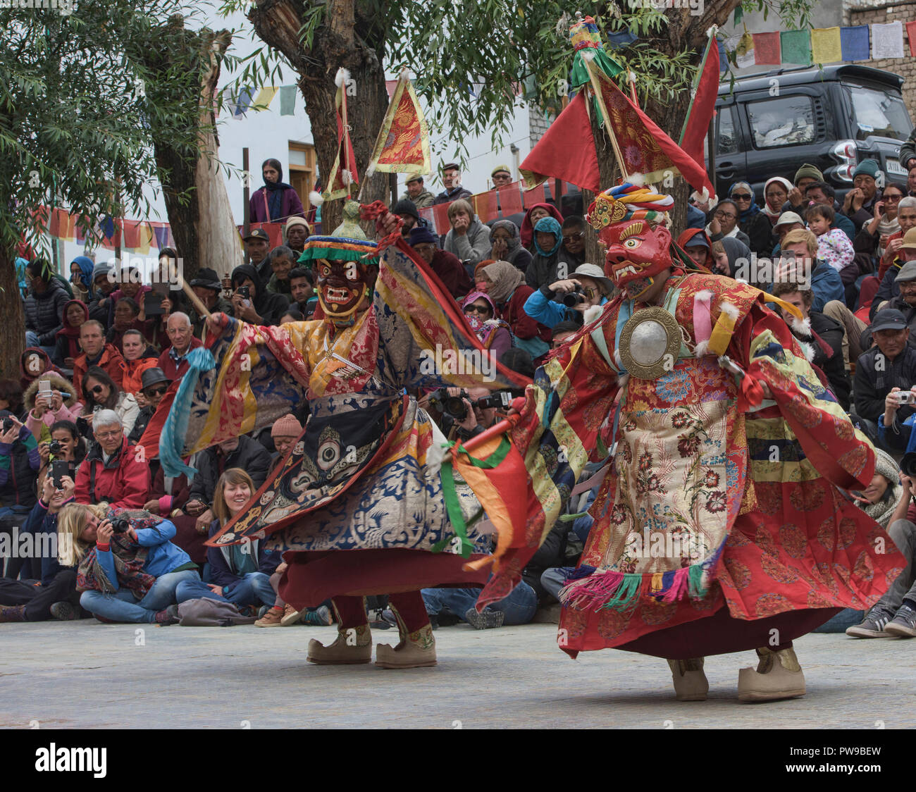 Masked monks performing at a traditional cham dance, Leh, Ladakh, India ...