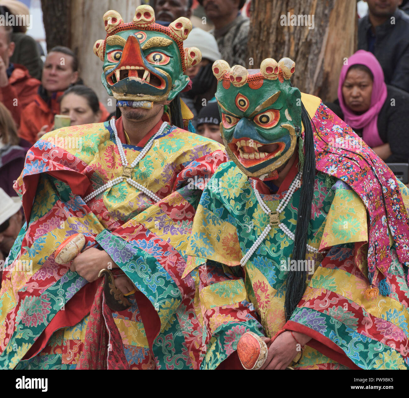 Masked monks performing at a traditional cham dance, Leh, Ladakh, India ...