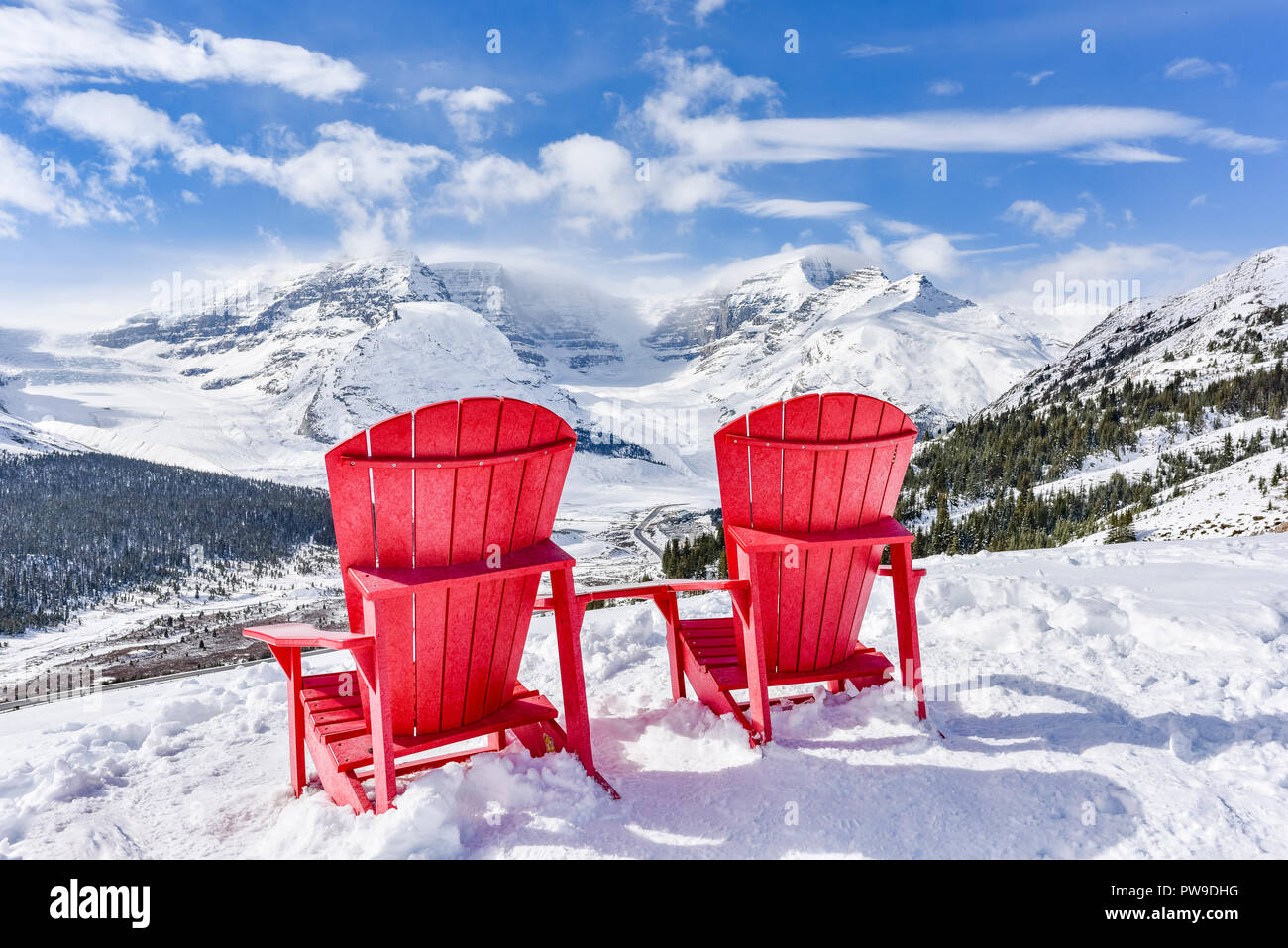 Parks Canada red Adirondack chairs overlooking the Columbia Icefield ...