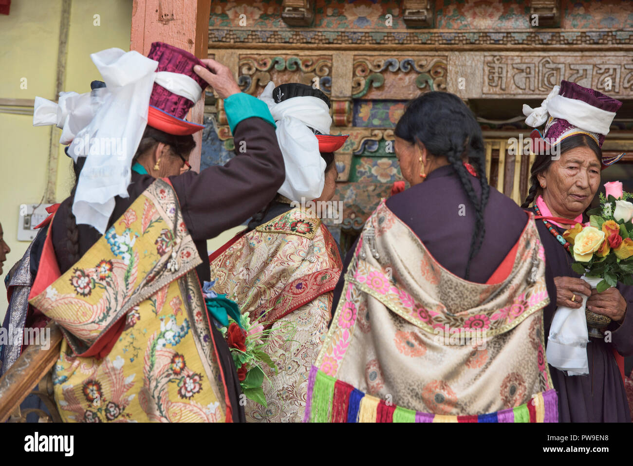 Ladakhi women in traditional dress at a Tara prayer gathering, Leh ...