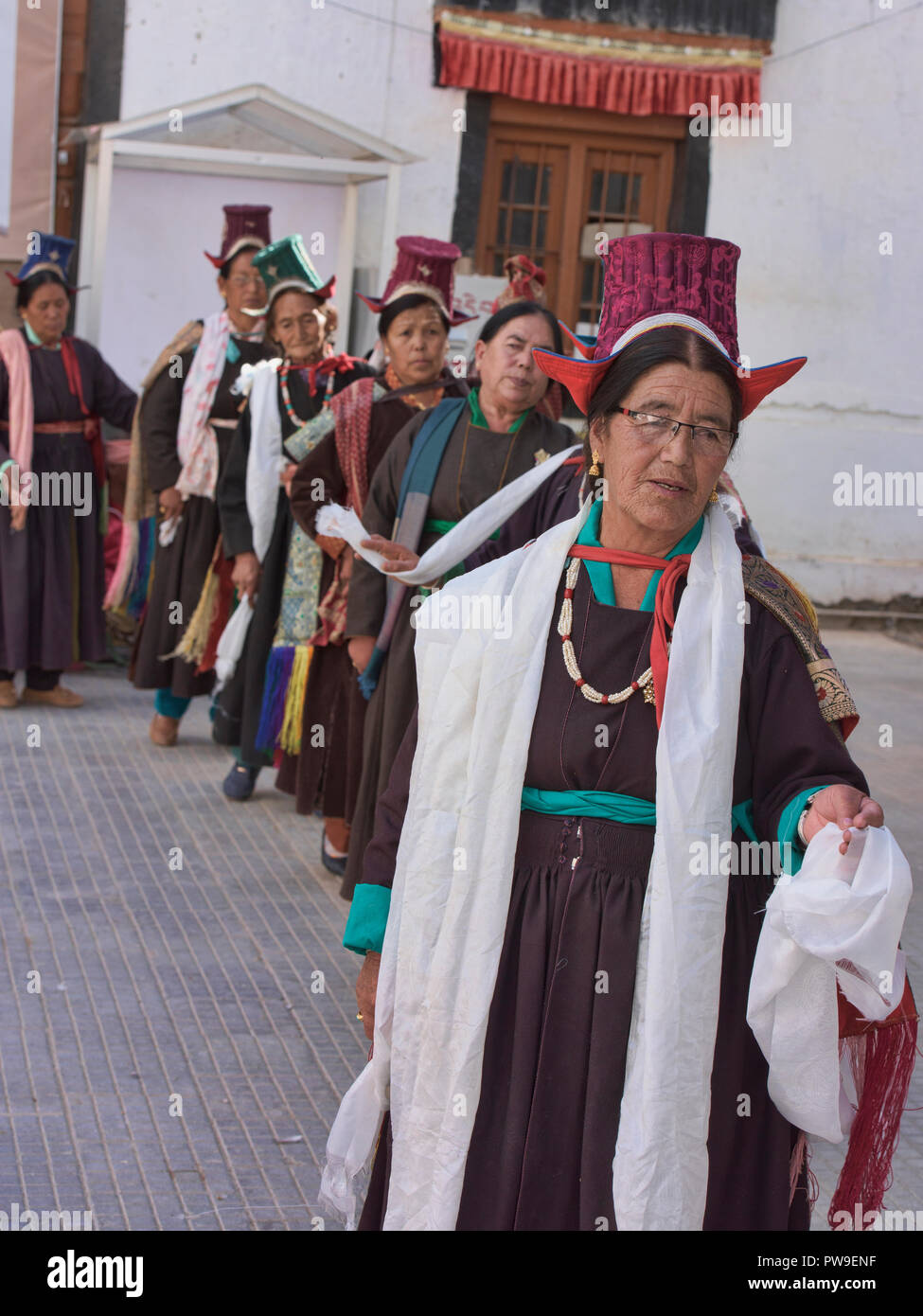 Ladakhi women dancing at a Tara prayer gathering, Leh, Ladakh, India ...