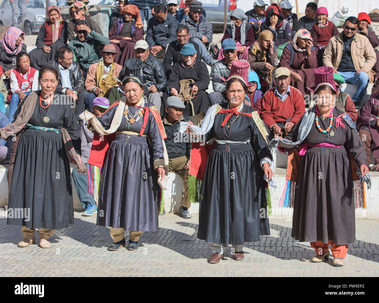 Ladakhi women dancing at a Tara prayer gathering, Leh, Ladakh, India ...