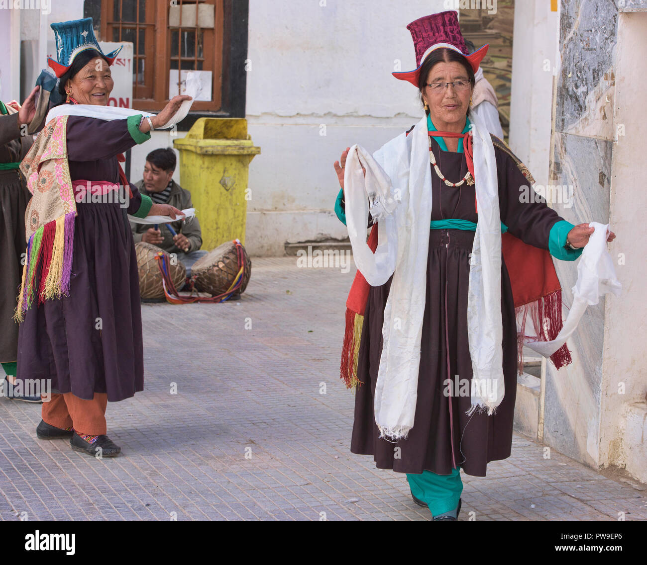 Ladakhi women dancing at a Tara prayer gathering, Leh, Ladakh, India ...