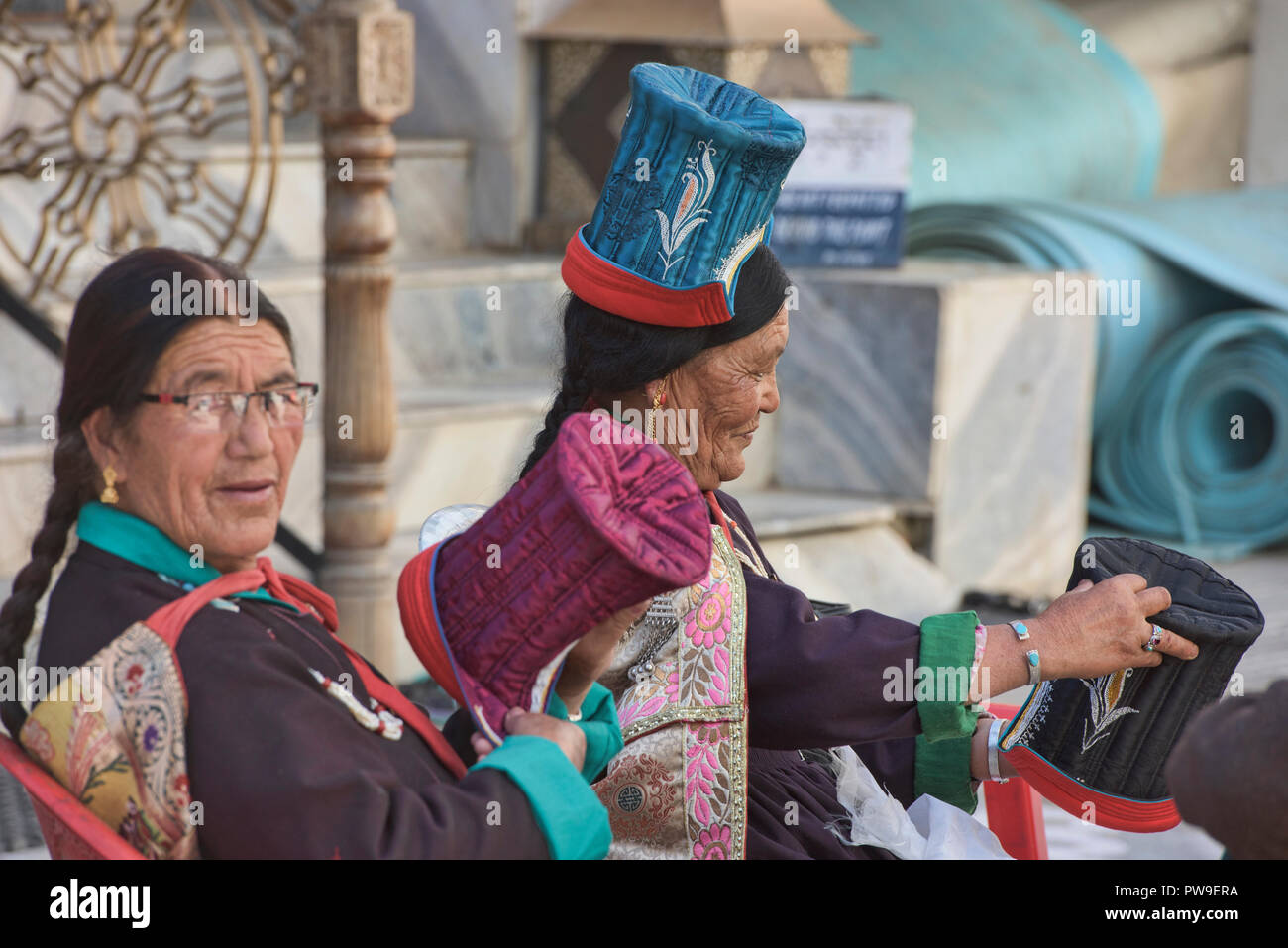 Ladakhi women in traditional dress at a Tara prayer gathering, Leh ...