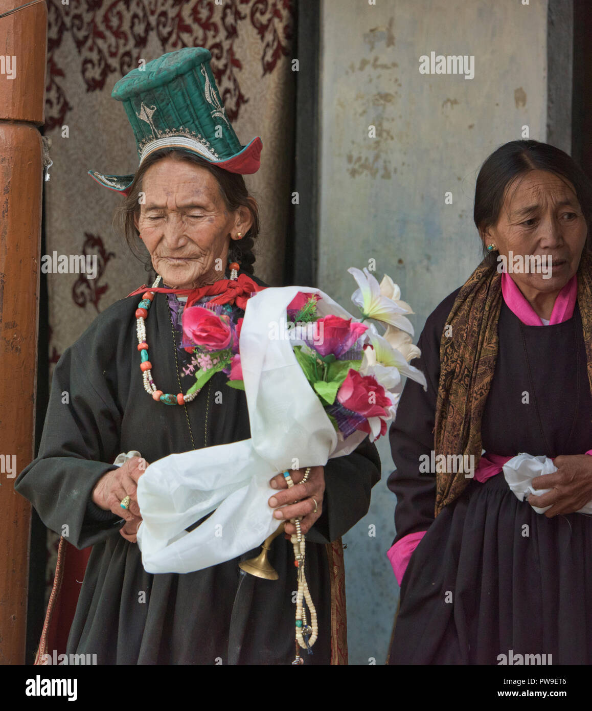 Ladakhi women in traditional dress at a Tara prayer gathering, Leh ...