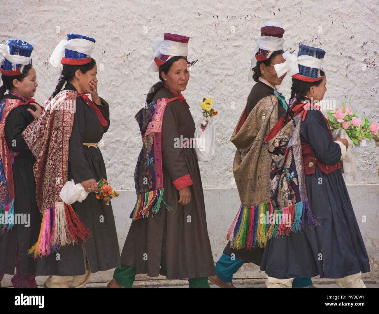 Ladakhi women in traditional dress at a Tara prayer gathering, Leh ...