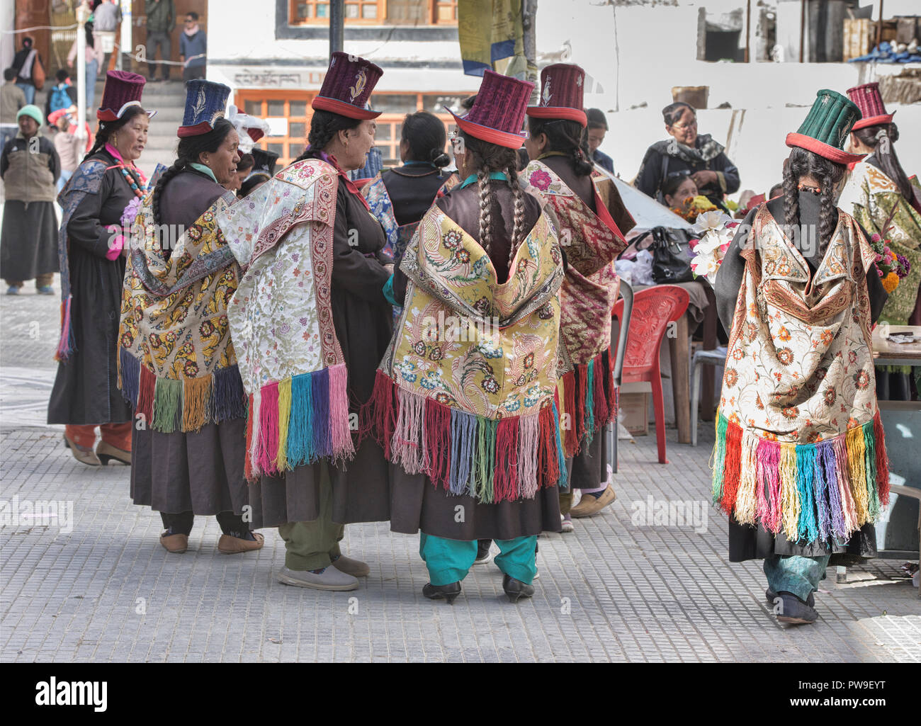 Ladakhi women in traditional dress at a Tara prayer gathering, Leh ...