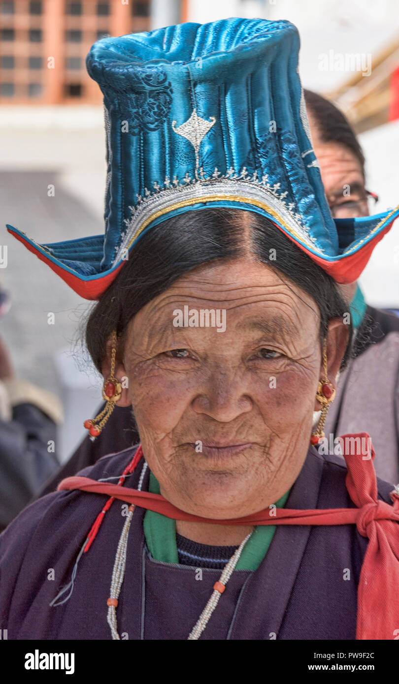 Portrait of a Ladakhi woman in traditional dress, Leh, Ladakh, India ...
