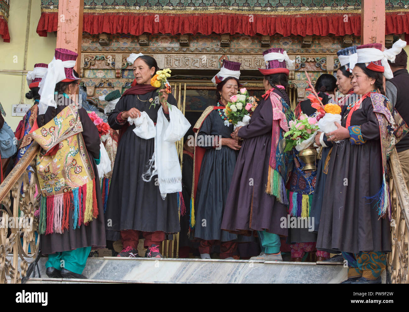 Ladakhi women in traditional dress at a Tara prayer gathering, Leh ...