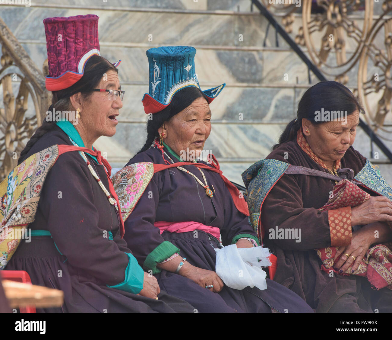 Ladakhi women in traditional dress at a Tara prayer gathering, Leh ...