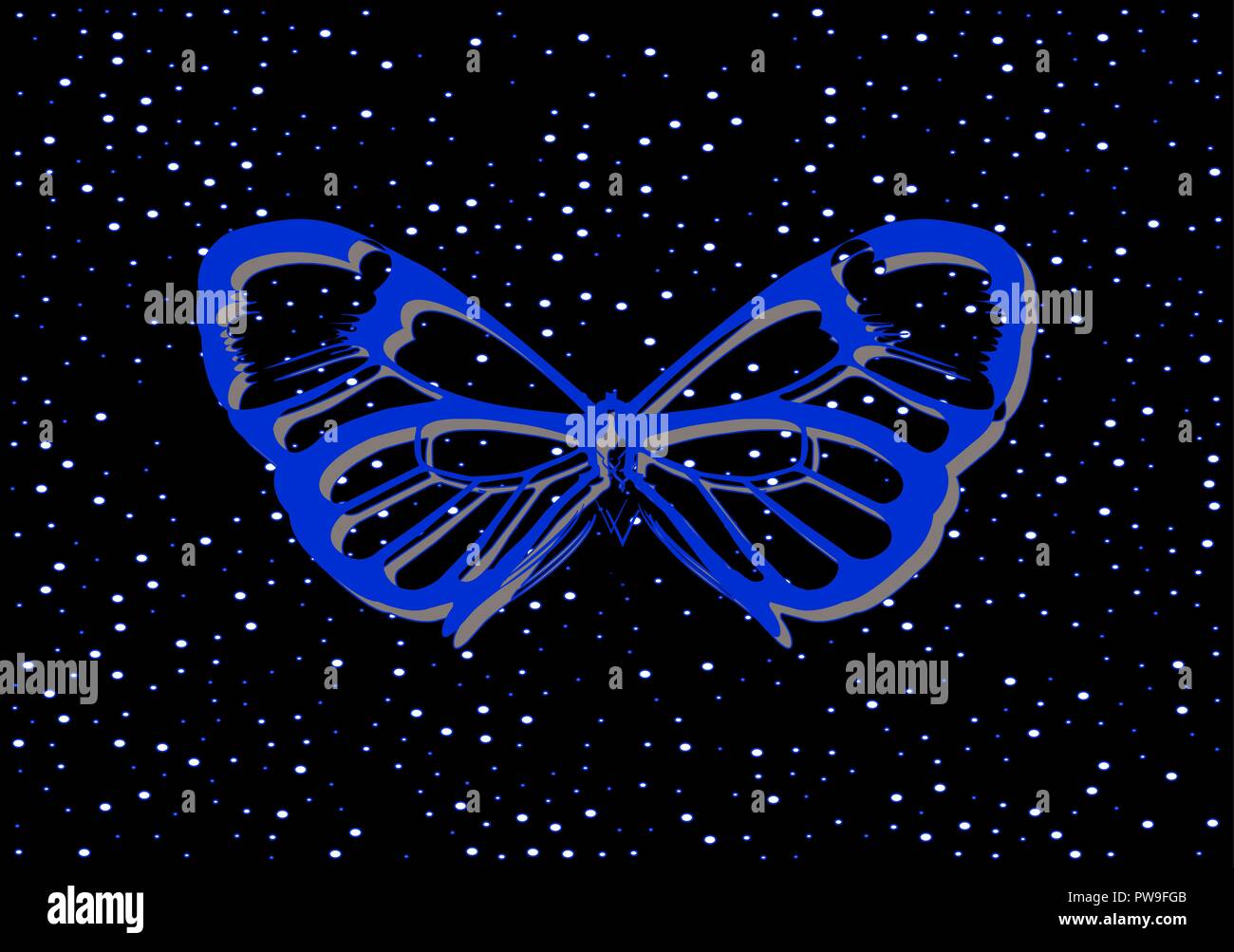 Blue butterfly made of precious metals on black background with pearls ...