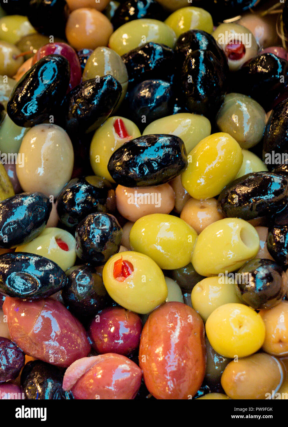 Turkish style prepared olives in the market stands Stock Photo - Alamy