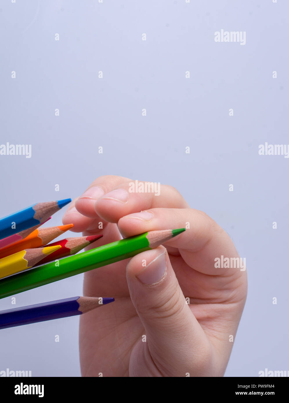 Hand holding color Pencils placed on a white background Stock Photo - Alamy