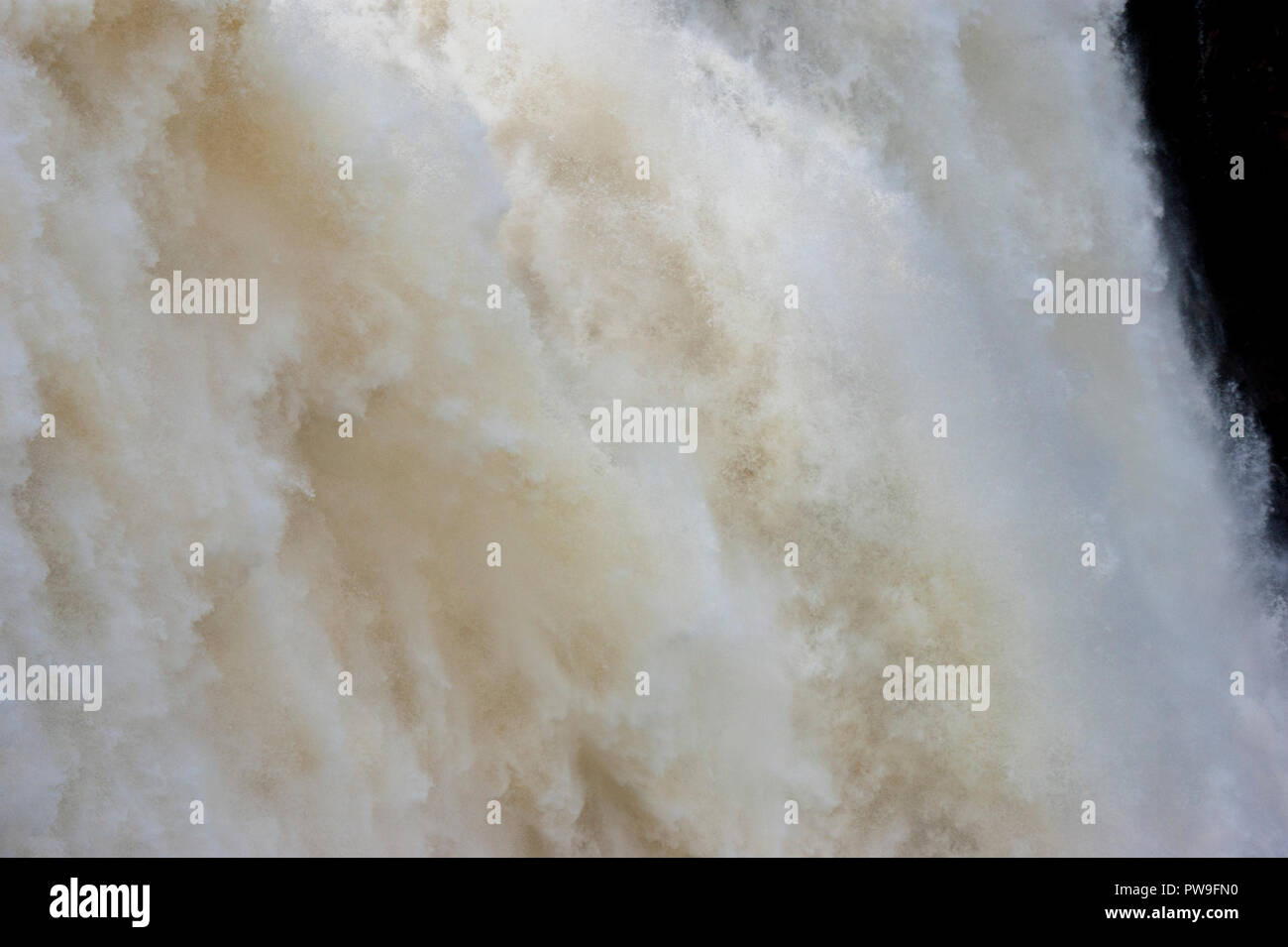 Closeup of waterfall thrust and water spray dynamics. Roaring plunging ...