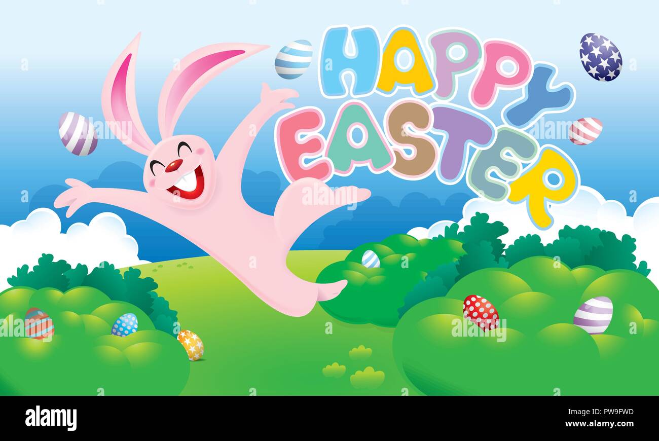 Easter day vector with a cute rabbit and Easter eggs. With spring ...