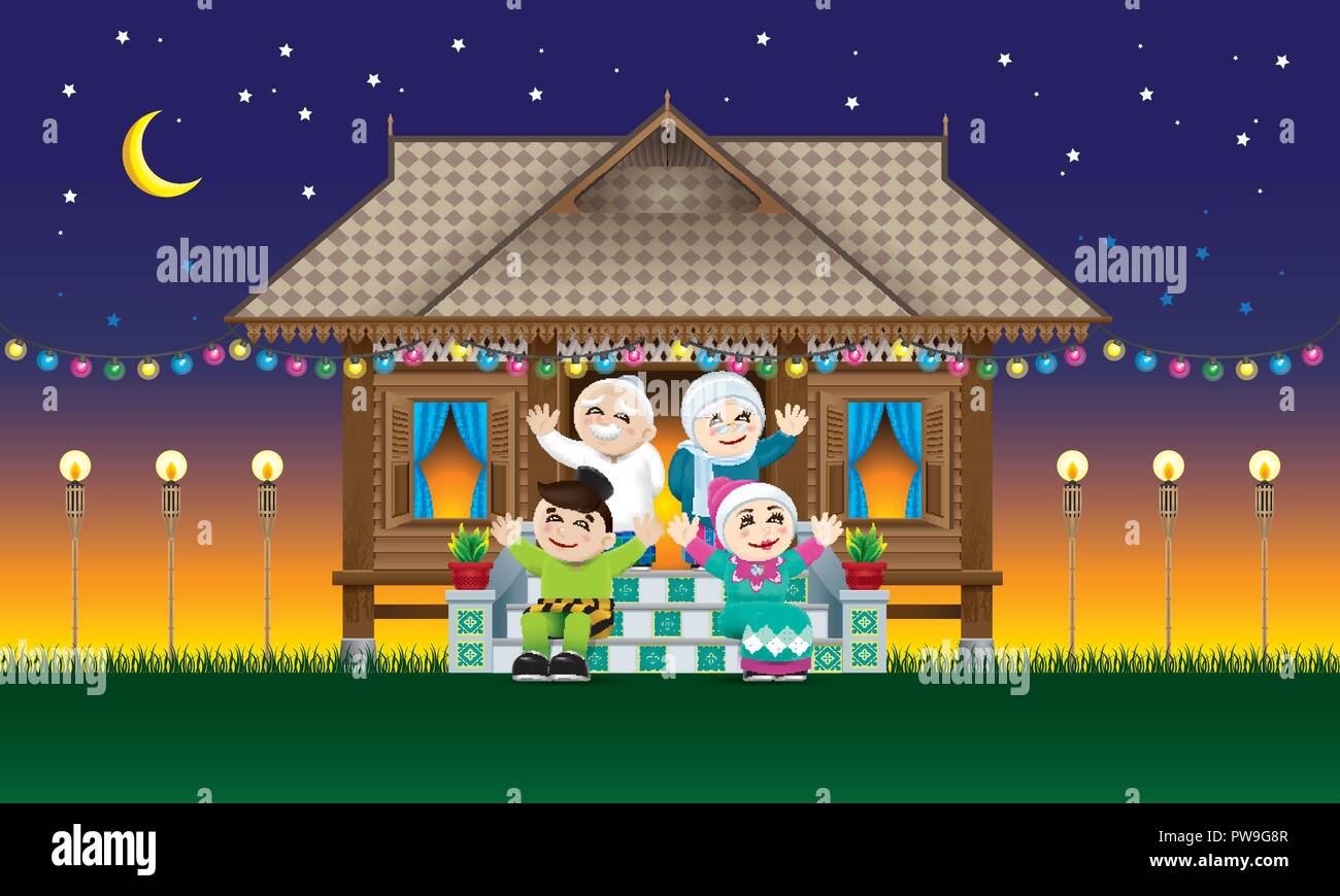 A Muslim family celebrating Raya festival in their traditional Malay ...